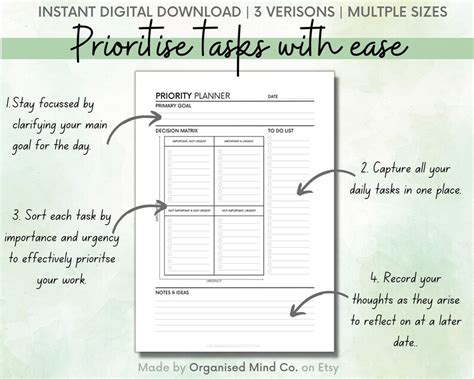 Priority Planner Printable Task Priority Matrix Daily Productivity