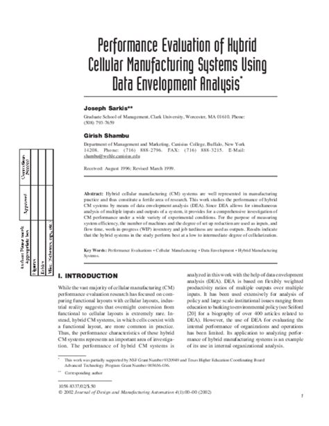Pdf Determining Efficiencies Of Hybrid Cellular Manufacturing Systems