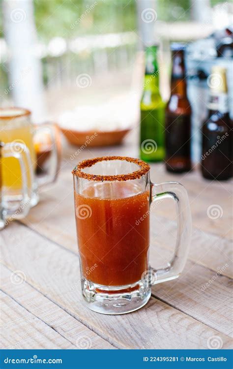 Michelada Mexican Beer With Tomato Juice Hot Sauce And Lemon Mexican
