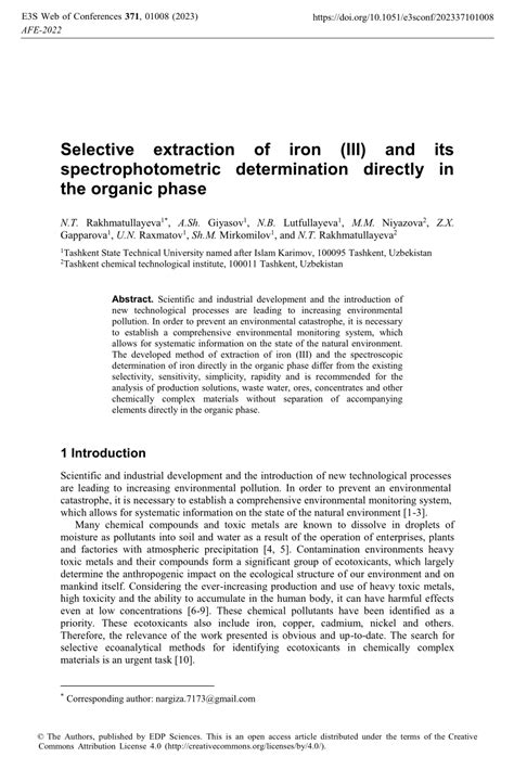 Pdf Selective Extraction Of Iron Iii And Its Spectrophotometric Determination Directly In