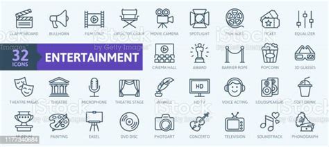 엔터테인먼트 개요 웹 아이콘 컬렉션 벡터 가는 줄 아이콘 컬렉션 아이콘에 대한 스톡 벡터 아트 및 기타 이미지 아이콘 콘서트 홀 Film Premiere Istock
