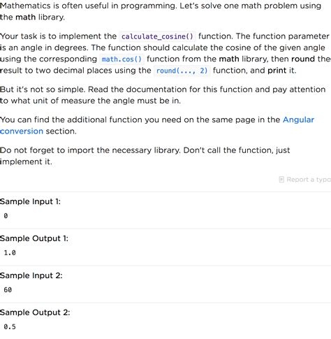 Python Calculate Cosine Of Given Angle Round Result And Print It