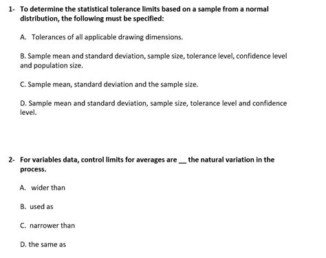 Solved 1 To Determine The Statistical Tolerance Limits