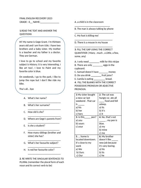Examen De Recuperación 6° Y 7° 2023 Todo El Año Pdf
