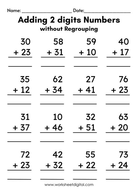 Adding 2 Digit Numbers Without Regrouping 80 Double Digit Addition No Regrouping Sums Grade 1