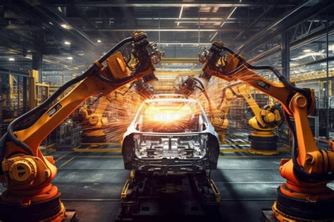 Robotic Arms In Action Automated Welding Process Car Assembly Line Automation And Efficiency