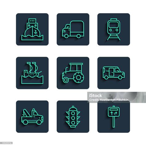 세트 라인 견인 트럭 신호등 도로 교통 표지판 기차 및 철도 트랙터 범선 화물 선 및 미니 버스 아이콘 벡터 거리에 대한 스톡 벡터 아트 및 기타 이미지 Istock