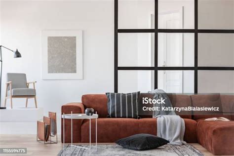 갈색 구석 소파와 세련 된 거실 인테리어의 벽에 흰색 프레임에 실버 추상 회화 2 위 상 종류에 대한 스톡 사진 및 기타 이미지 2 위 상 종류 실내 아파트 Istock