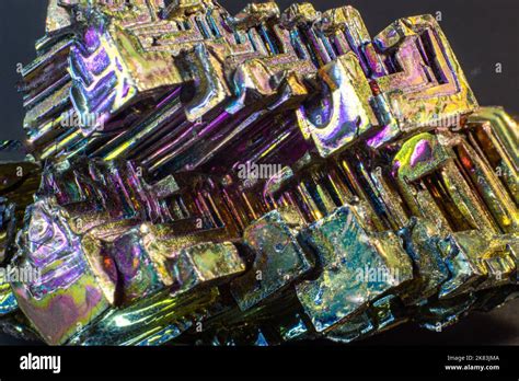 Bismuth Bi Close Up On Black Surface Interesting Colour And Shape Crystal Metal Crystal Stock