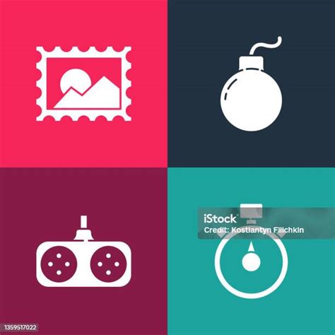 설정 팝 아트 스톱 워치 게임 패드 폭탄 준비 폭발과 우편 스탬프 아이콘 벡터 우표에 대한 스톡 벡터 아트 및 기타 이미지 우표 Brand Name Video Game