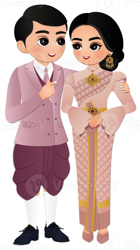 Wedding Invitation Card The Bride And Groom Thai Traditional Cute Couple Cartoon Character