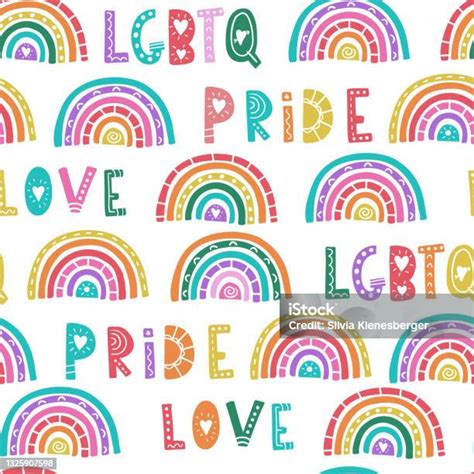 재미 손 그린 Lgbtq 원활한 패턴 문자 마음 무지개 직물 배너 배경 화면 포장에 좋은 다채로운 배경 벡터 디자인 Lgbtqia 문화에 대한 스톡 벡터 아트 및 기타