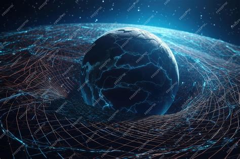 중력 행성 지구 중력파 개념 일반 상대성 이론에서 중력 그리드와 구체 라인 워프 곡선 시공간을 사용한 물리적 및 기술 배경 디자인 프리미엄 사진