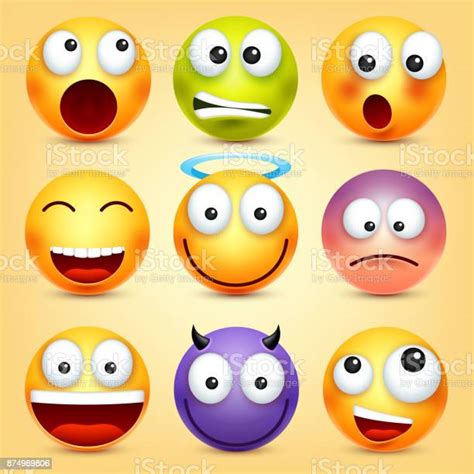 스마일 이모티콘 설정합니다 노란 얼굴 감정입니다 얼굴 식입니다 3d 현실 이모티콘입니다 재미 있는 만화 캐릭터입니다 분위기입니다 웹 아이콘입니다 벡터 일러스트 레이 션 개체