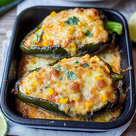 Cheesy Chicken And Corn Stuffed Poblano Peppers