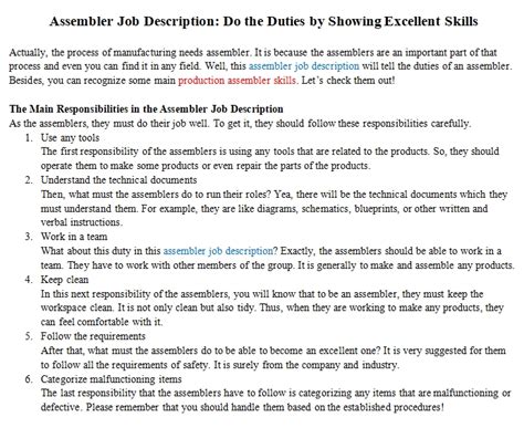 Assembler Job Description Do The Duties By Showing Excellent Skills