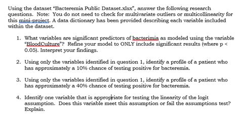 Solved Using The Dataset Bacteremia Public Dataset Xlsx