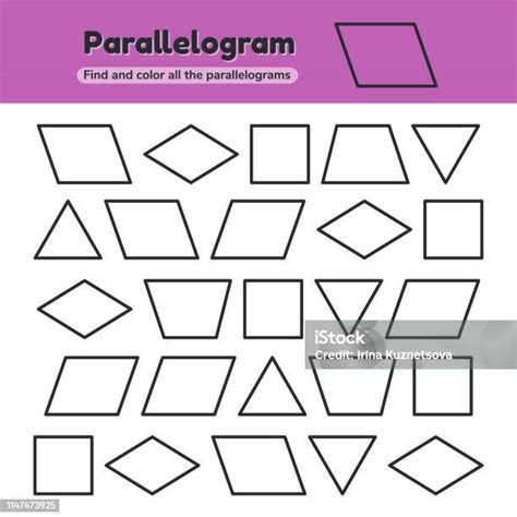 어린이 유치원 유치원 및 학교 연령에 대 한 교육 워크 시트 기하학적 모양 마름모 평행 사변형 삼각형 사각형 사다리꼴 찾기 및