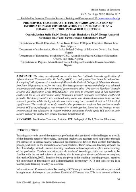 Pdf Pre Service Teachers Attitude Towards Application Of Information And Communication