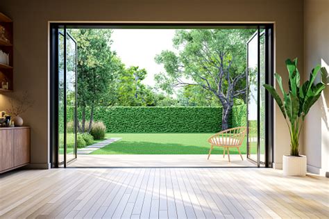 현대 현대 스타일의 빈 방 녹색 잔디밭과 열대 자연 정원 배경 3d 렌더링 0명에 대한 스톡 사진 및 기타 이미지 0명 갈색 개념 Istock