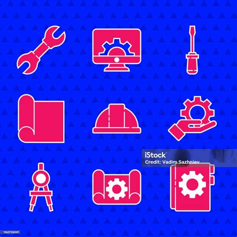 엔지니어링 드라이버 및 렌치 스패너 아이콘을 위한 작업자 안전 헬멧 그래프 용지 및 기어 사용자 설명서 손 설정 드로잉 나침반 엔지니어링용 벡터 건설 산업에 대한 스톡 벡터