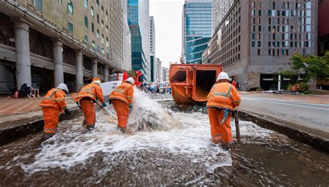A Sewer Overflow Event In A City Street With Water Surging From Manholes Premium Ai Generated