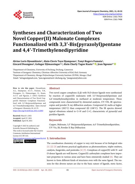 Pdf Syntheses And Characterization Of Two Novel Copper Ii Malonate Complexes Functionalized