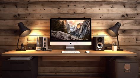 3d 렌더링의 갈색 벽에 우아한 나무 책상 위에 데스크탑 컴퓨터가 있는 매끄럽고 세련된 워크스테이션 컴퓨터 책상 데스크탑