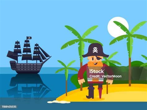 열대 섬에 해적 벡터 그림 빨간 수염과 재미 만화 캐릭터 해적 선장 해변에서 야자수 바다에서 검은 돛선해적 개인 장식품에 대한 스톡 벡터 아트 및 기타 이미지 Istock