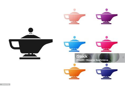흰색 배경에 격리 된 검은 마법 램프 또는 알라딘 램프 아이콘 소원을 위한 영적 등불 다채로운 아이콘을 설정합니다 벡터 일러스트레이션 개념에 대한 스톡 벡터 아트 및 기타
