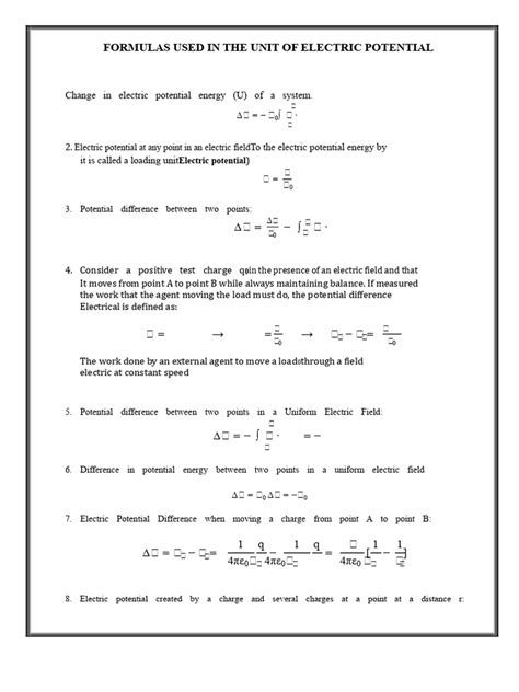 Formulas Used In The Unit Of Electric Potential Pdf Electric Field