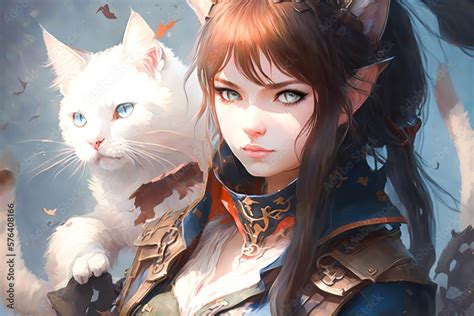 Ilustración De Stock Anime Girl With Cat Ears And Her Cat Black Hair