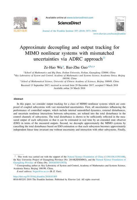 Pdf Approximate Decoupling And Output Tracking For Mimo Nonlinear Systems With Mismatched