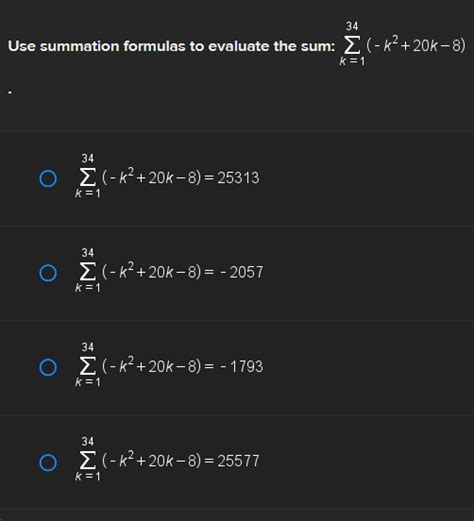 solved use summation formulas to evaluate the sum
