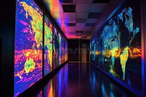 Visualization Of Global Data Trends On Vibrant Displays In A Modern Technology Center Stock