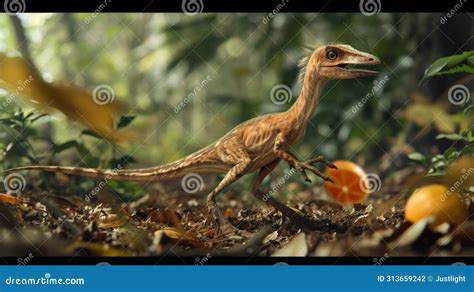 A Tiny Compsognathus Perched On A Tree Branch Its Camouflaged Green Feathers Making It Nearly