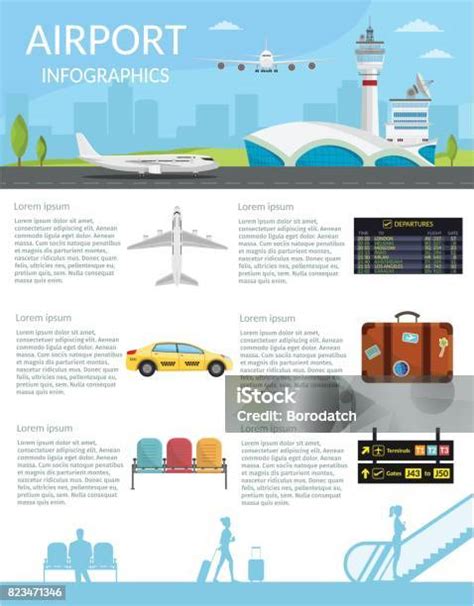 공항 여객 터미널 및 대기실 Infographic의 국제 도착 출발 배경 벡터 일러스트 레이 션 비행기 공항에 대한 스톡 벡터