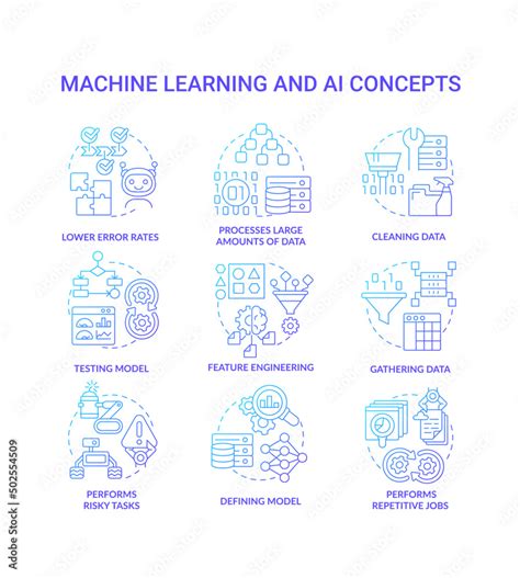 Machine Learning And Ai Blue Gradient Concept Icons Set Artificial