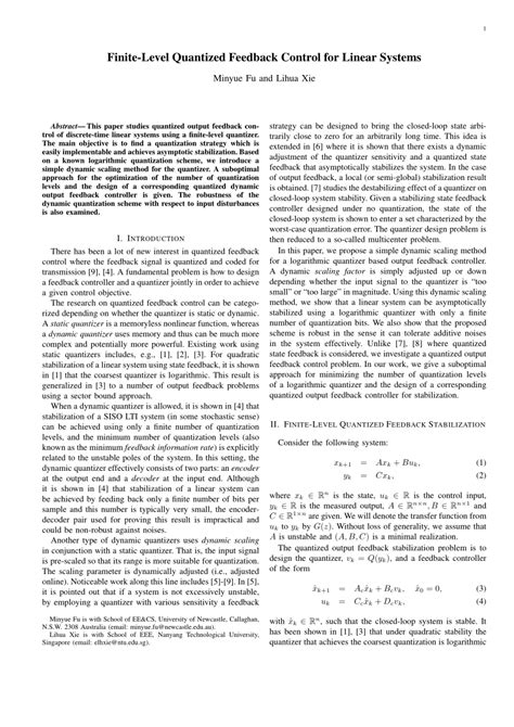 Pdf Finite Level Quantized Feedback Control For Linear Systems