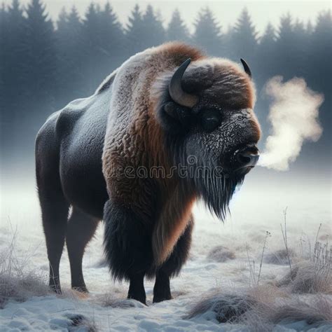 Bison In Frozen Forest Stock Illustration Illustration Of Horn 365902402