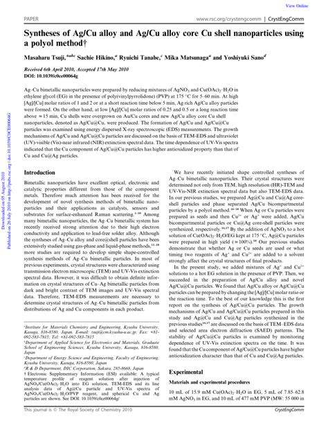 Pdf Syntheses Of Agcu Alloy And Agcu Alloy Core Cu Shell Nanoparticles Using A Polyol Method