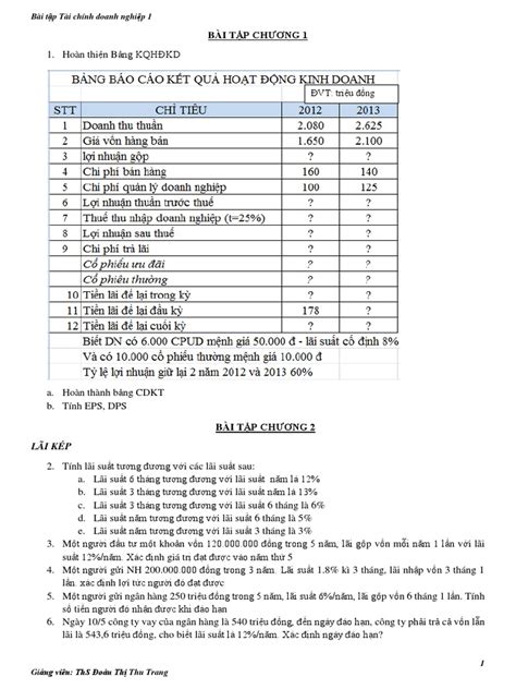 Tai Chinh Doanh Nghiep Doan Thi Thu Trang Bai Tap Tai Chinh Doanh Nghiep 1 Cuuduongthancong