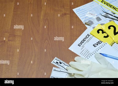 Paperwork During Crime Scene Investigation Process In Csi Laboratory Evidence Labels With
