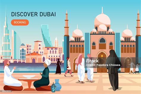 두바이 개념에 관광 아랍 에미리트 연방의 전통과 현대 건물 랜드 마크와 도시의 스카이 라인의 벡터 두바이에 대한 스톡 벡터 아트