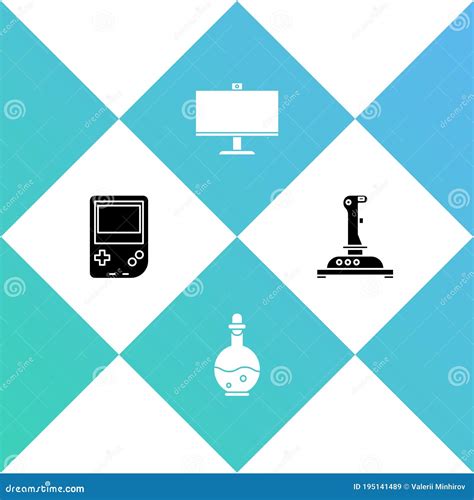 Set Portable Video Game Console Bottle With Magic Elixir Computer Monitor And Joystick For