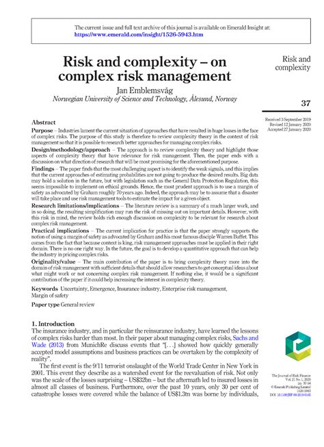 Risk And Complexity On Compl The Purpose Of This Study Is Therefore To Review Complexity