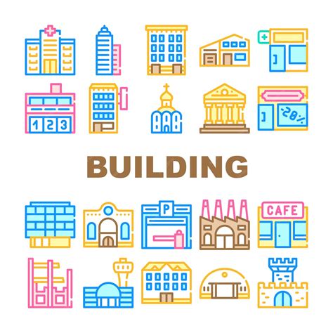 Bâtiment Architecture Collection Icônes Ensemble Vecteur Hôpital Et