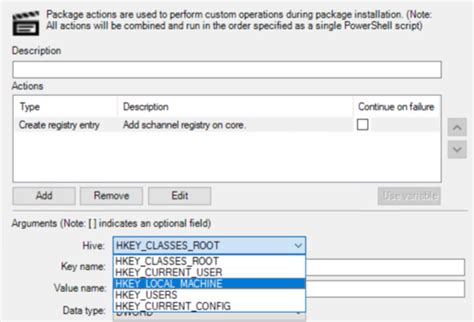 windows action packages create delete and modify registry items
