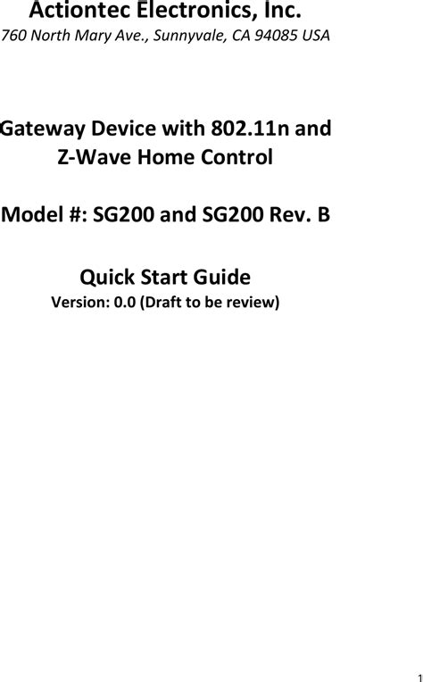 Actiontec Electronics SG Gateway Device With N And Z Wave Home Control User Manual