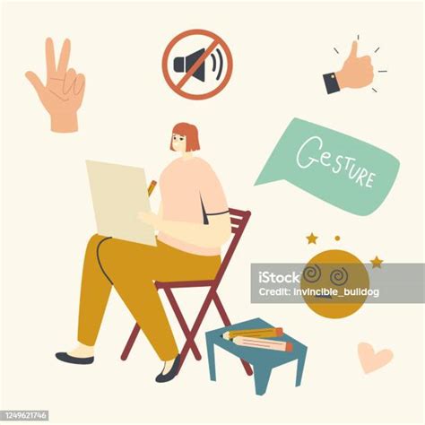 의자 페인팅 제스처에 앉아 여성 캐릭터 여자는 단어없이 손 제스처를 사용하여 청각 장애인과 바보 언어를 사용합니다 아니 소리 국제 통신 팜 징후 선형 벡터 일러스트레이션